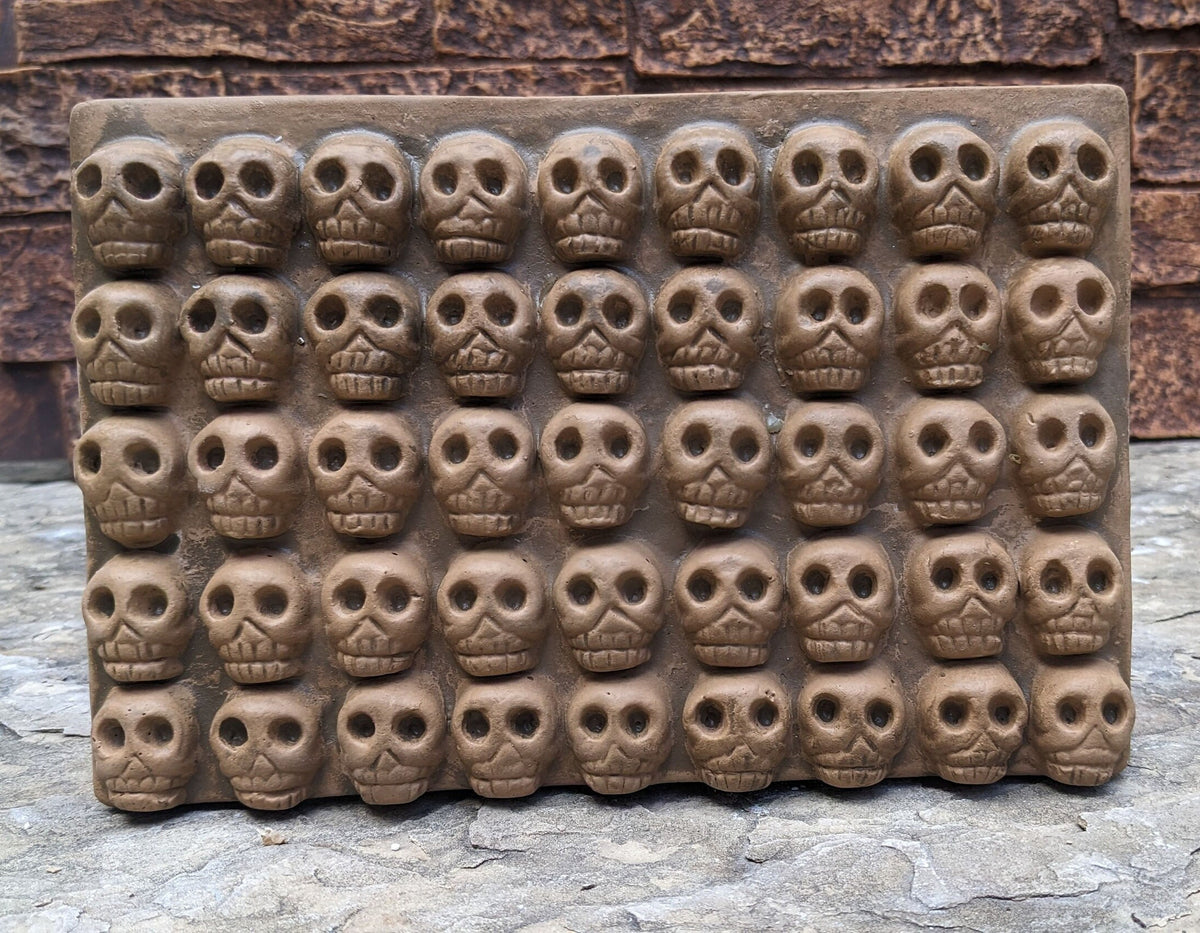 Aztec Maya Artifact Carved stacked wall of death skulls Sculpture Stat ...
