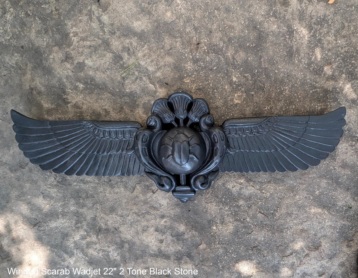 Egyptian winged Scarab Wadjet Pediment hieroglyph Sculptural wall reli ...